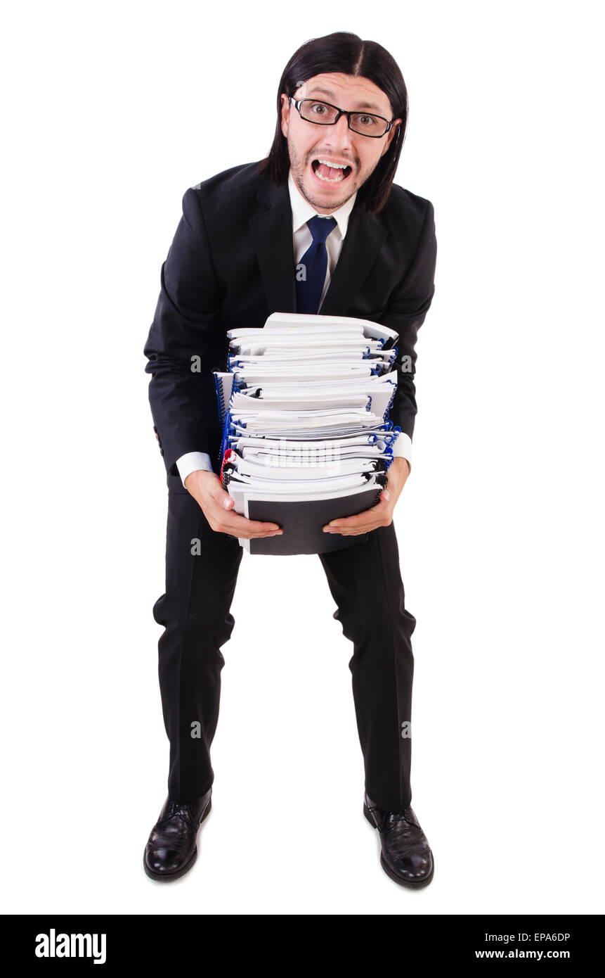 Funny man with lots of papers on white Stock Photo - Alamy
