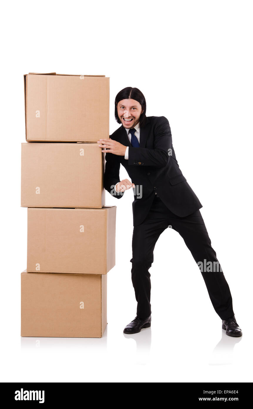 Funny man with boxes on white Stock Photo - Alamy