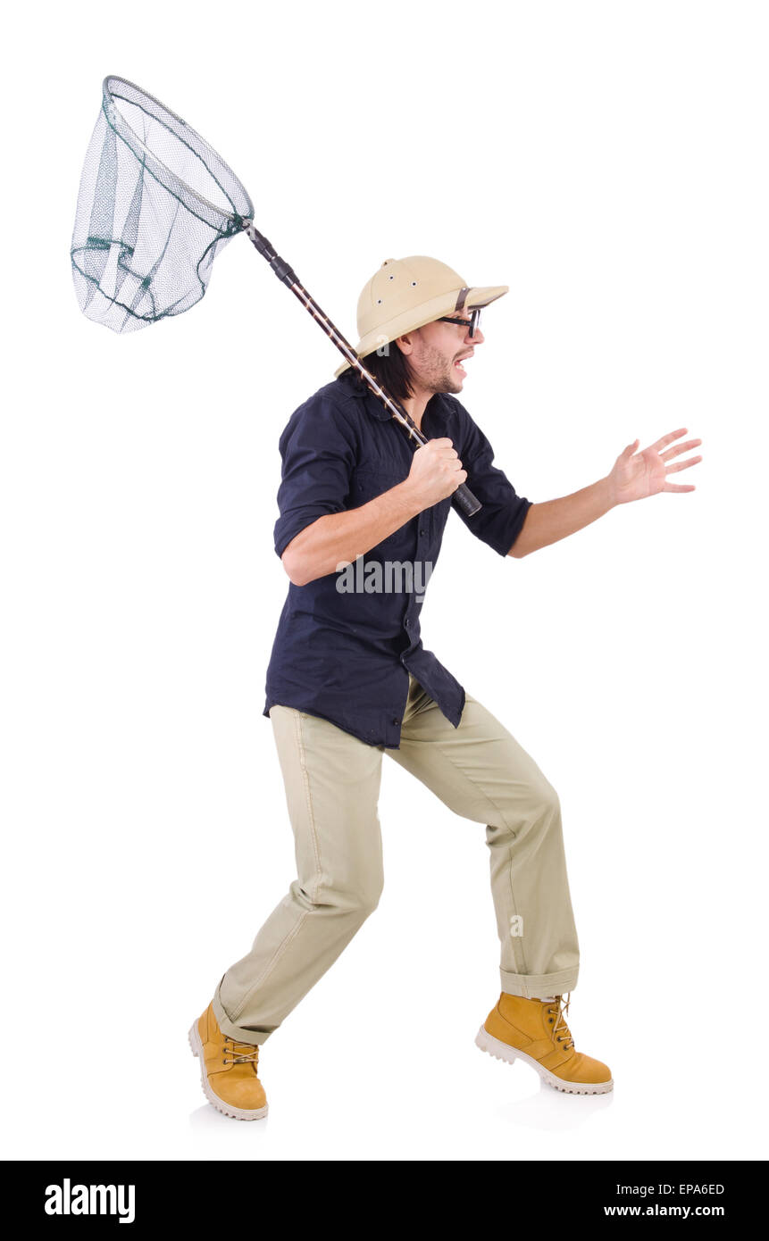 Funny guy with catching net on white Stock Photo - Alamy