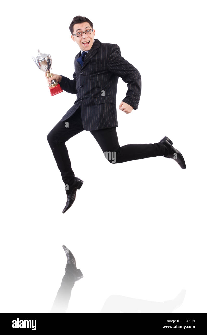 Funny guy receiving award on white Stock Photo - Alamy