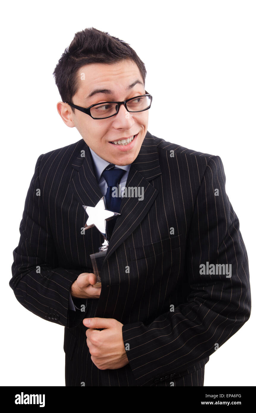 Funny guy receiving award on white Stock Photo - Alamy