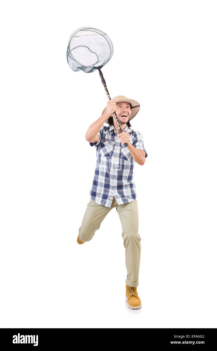 Funny guy with catching net on white Stock Photo - Alamy