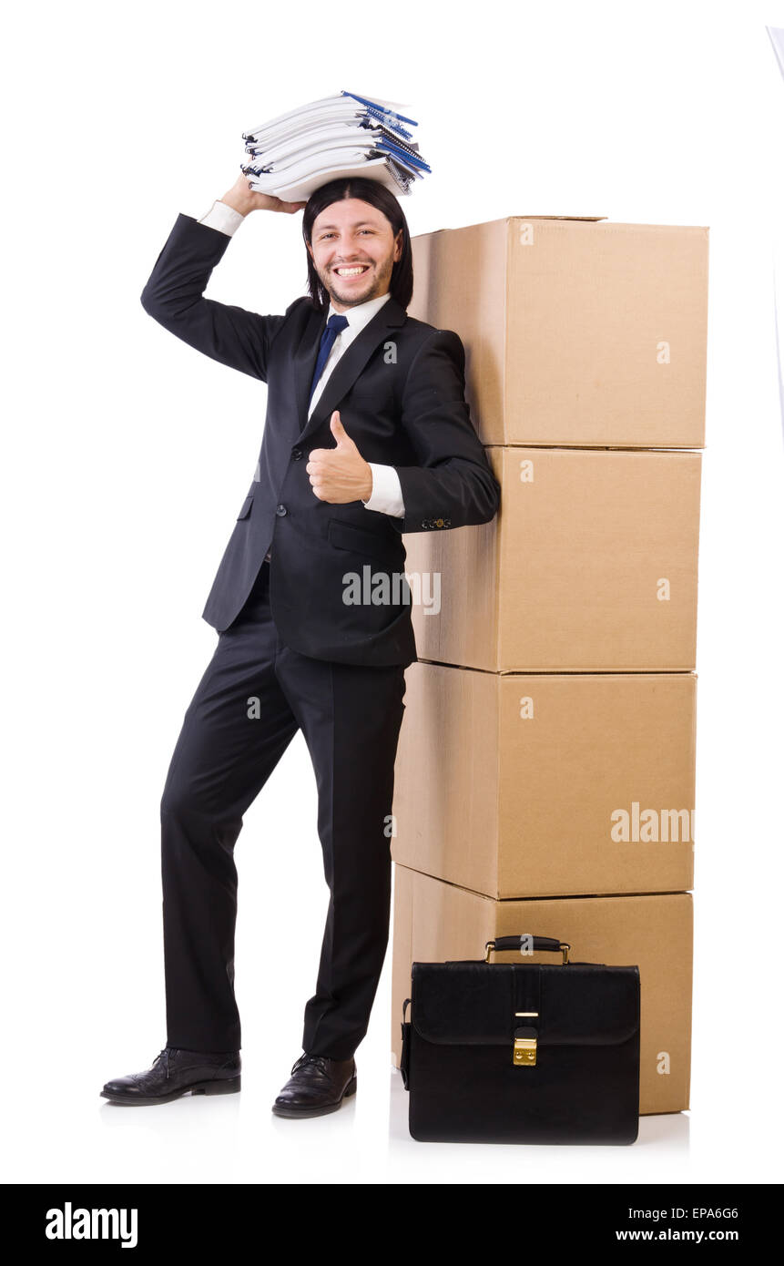 Man with boxes full of work Stock Photo - Alamy