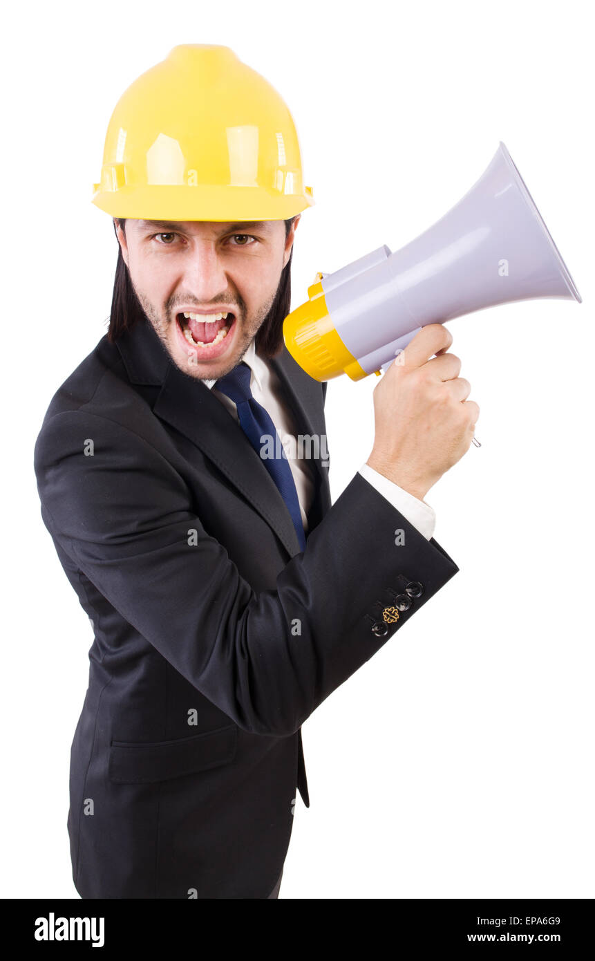 Man with helmet and loudspeaker on white Stock Photo - Alamy