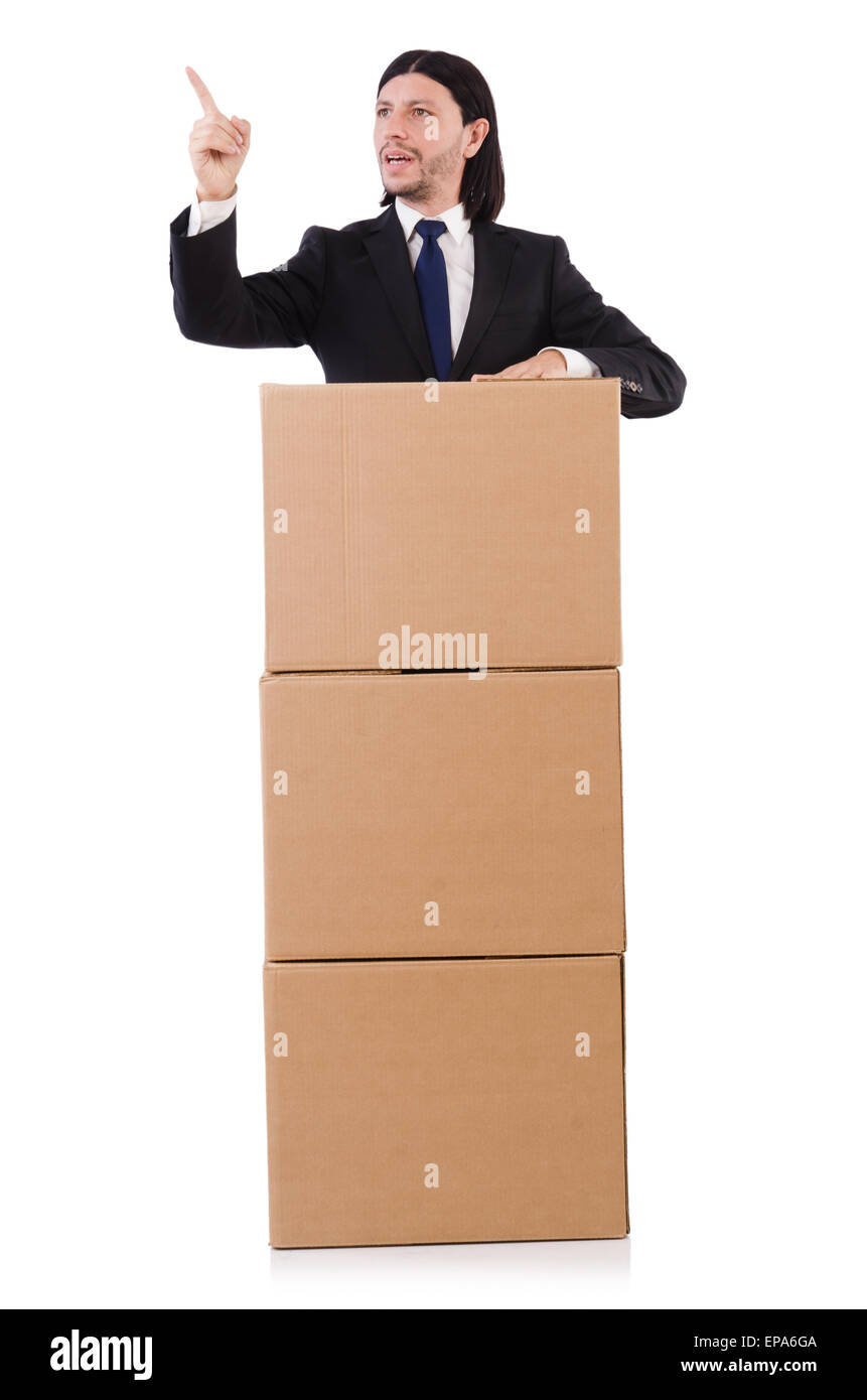 Funny man with boxes on white Stock Photo - Alamy
