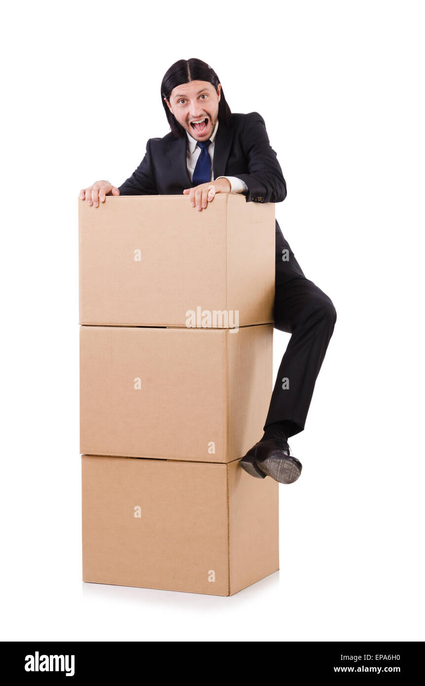 Funny man with boxes on white Stock Photo - Alamy