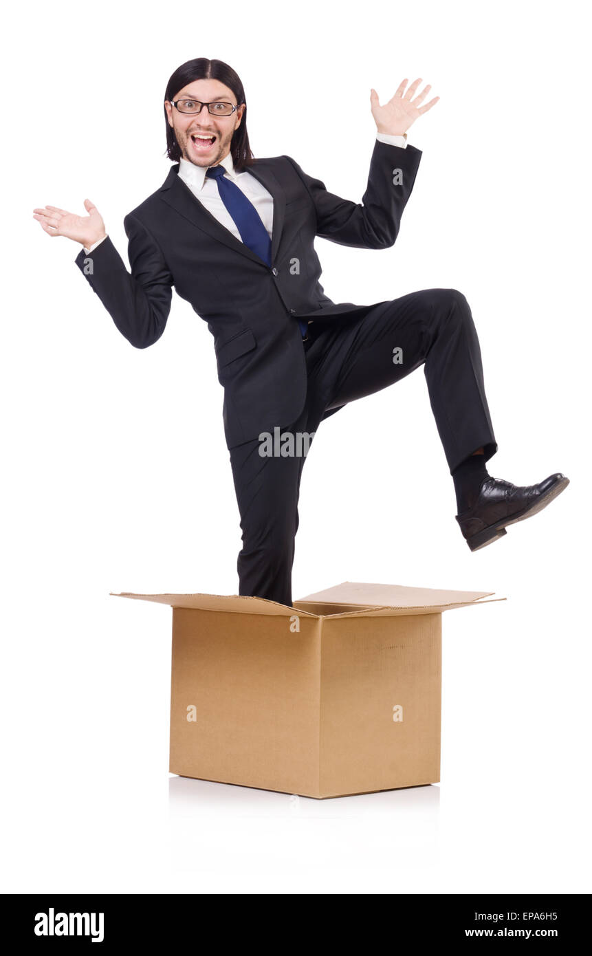 Man in thinking out of the box concept Stock Photo - Alamy