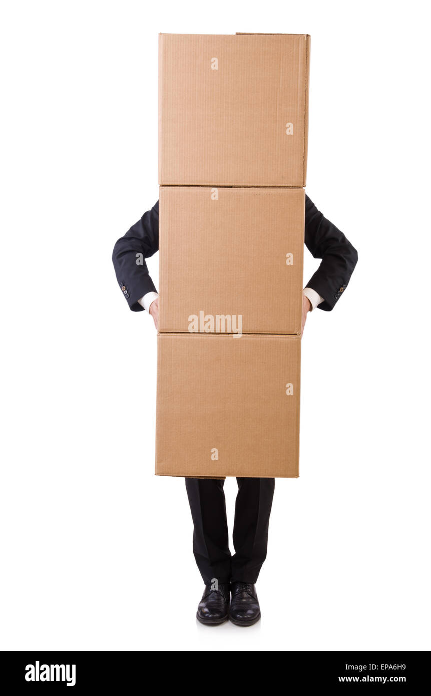 Funny man with boxes on white Stock Photo - Alamy