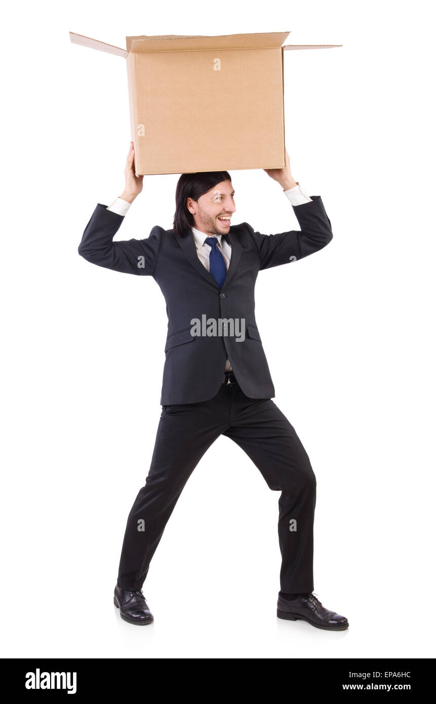 Funny man with boxes on white Stock Photo - Alamy
