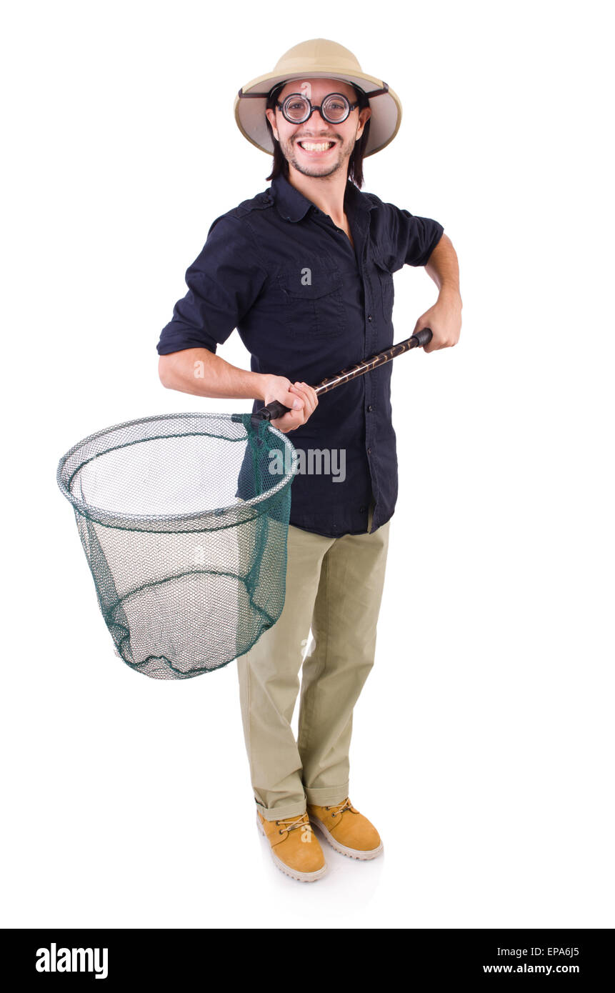 Funny guy with catching net on white Stock Photo - Alamy