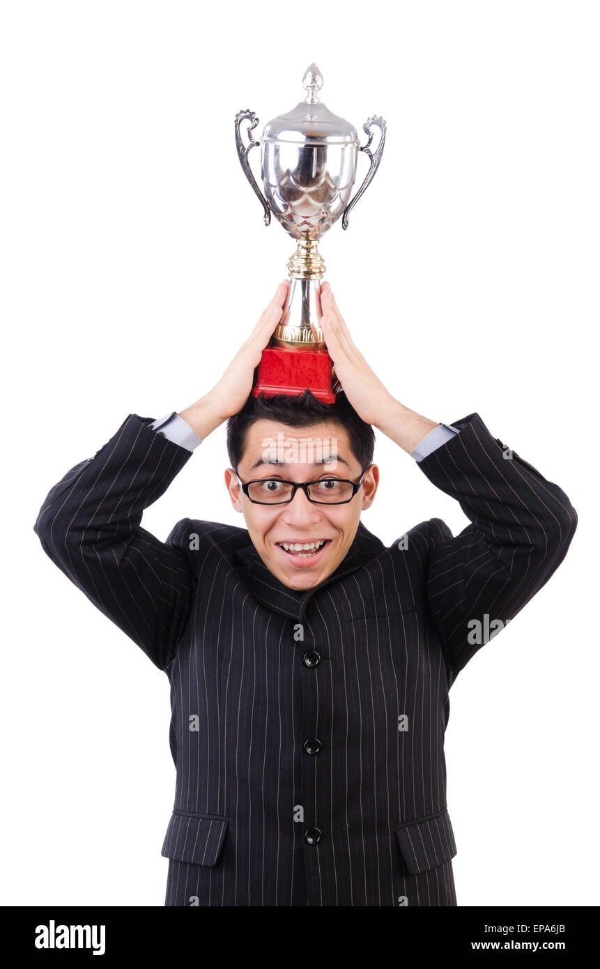 Funny guy receiving award on white Stock Photo - Alamy