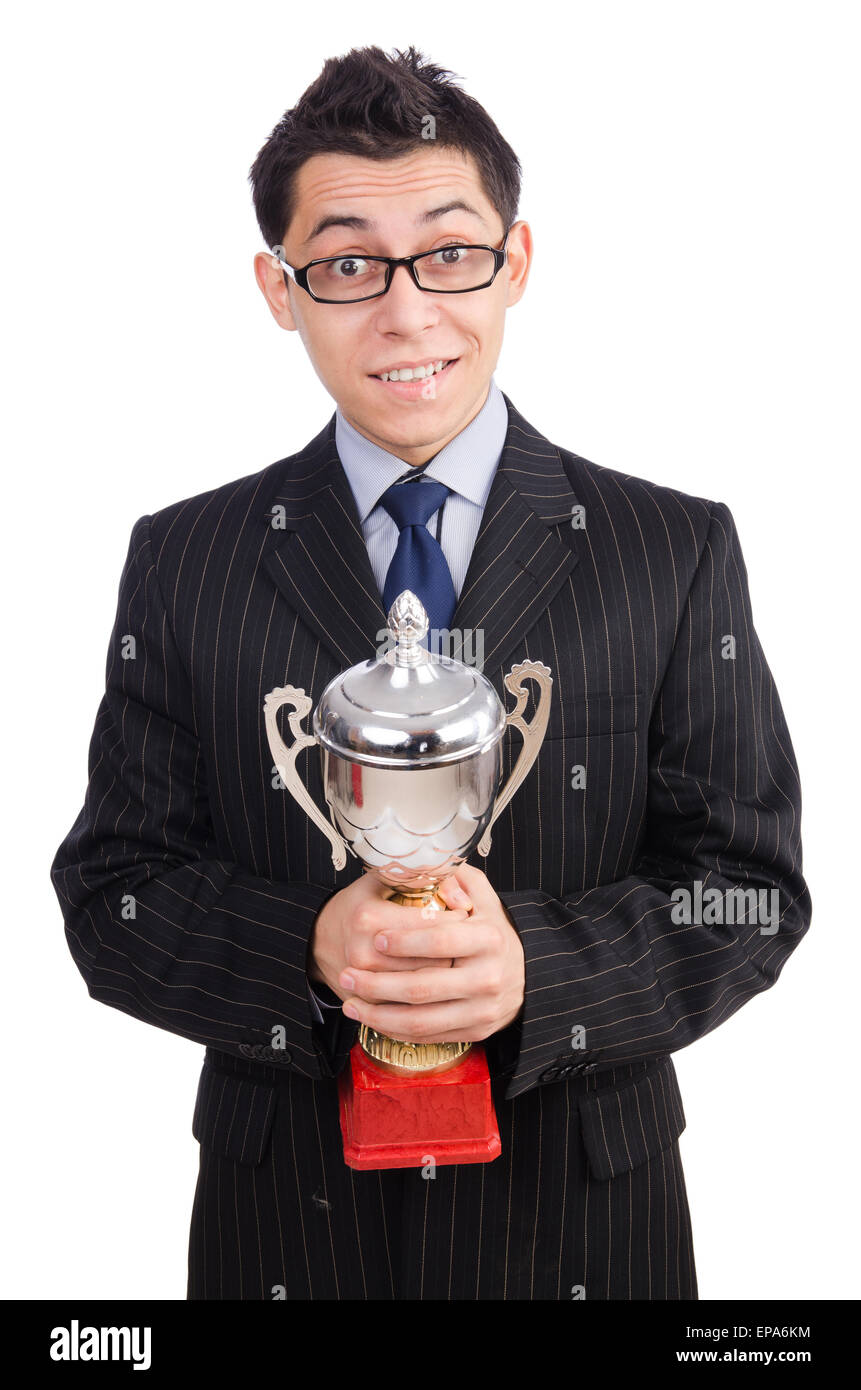 Funny guy receiving award on white Stock Photo - Alamy
