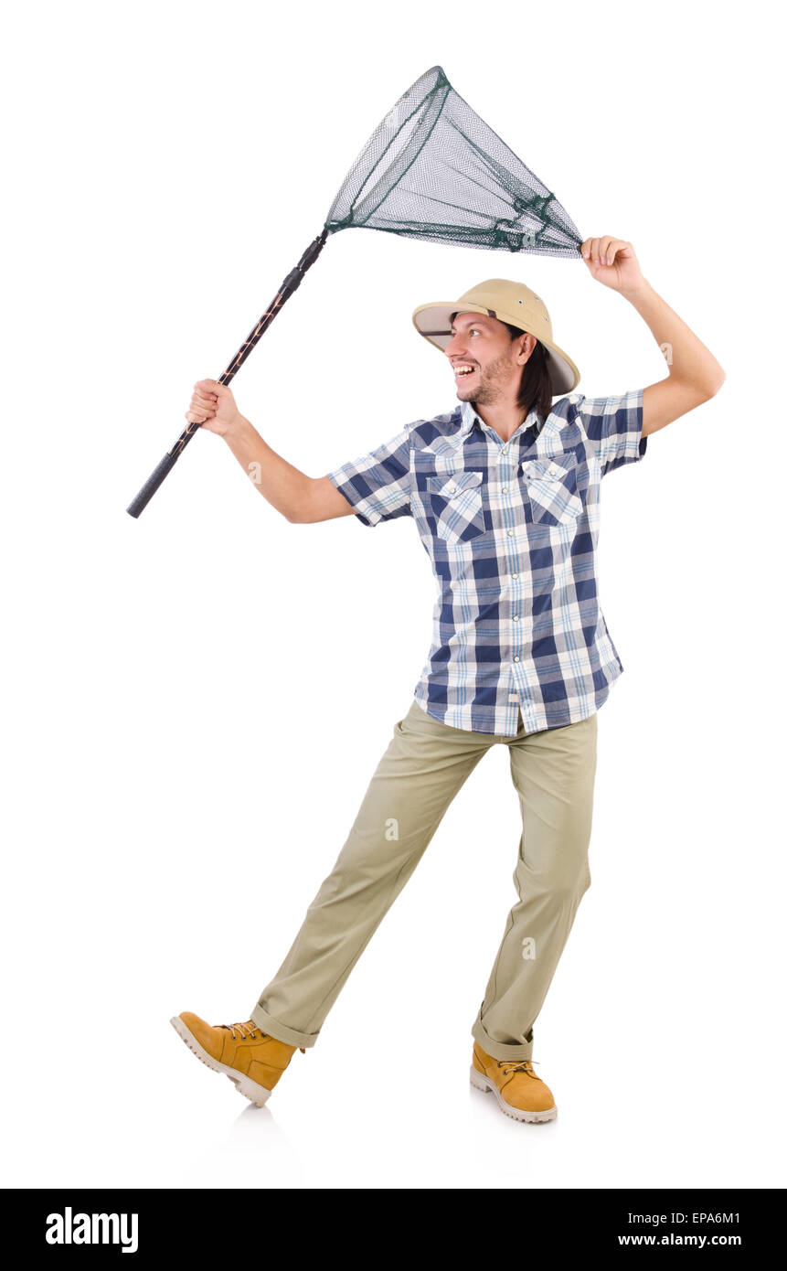 Funny guy with catching net on white Stock Photo - Alamy