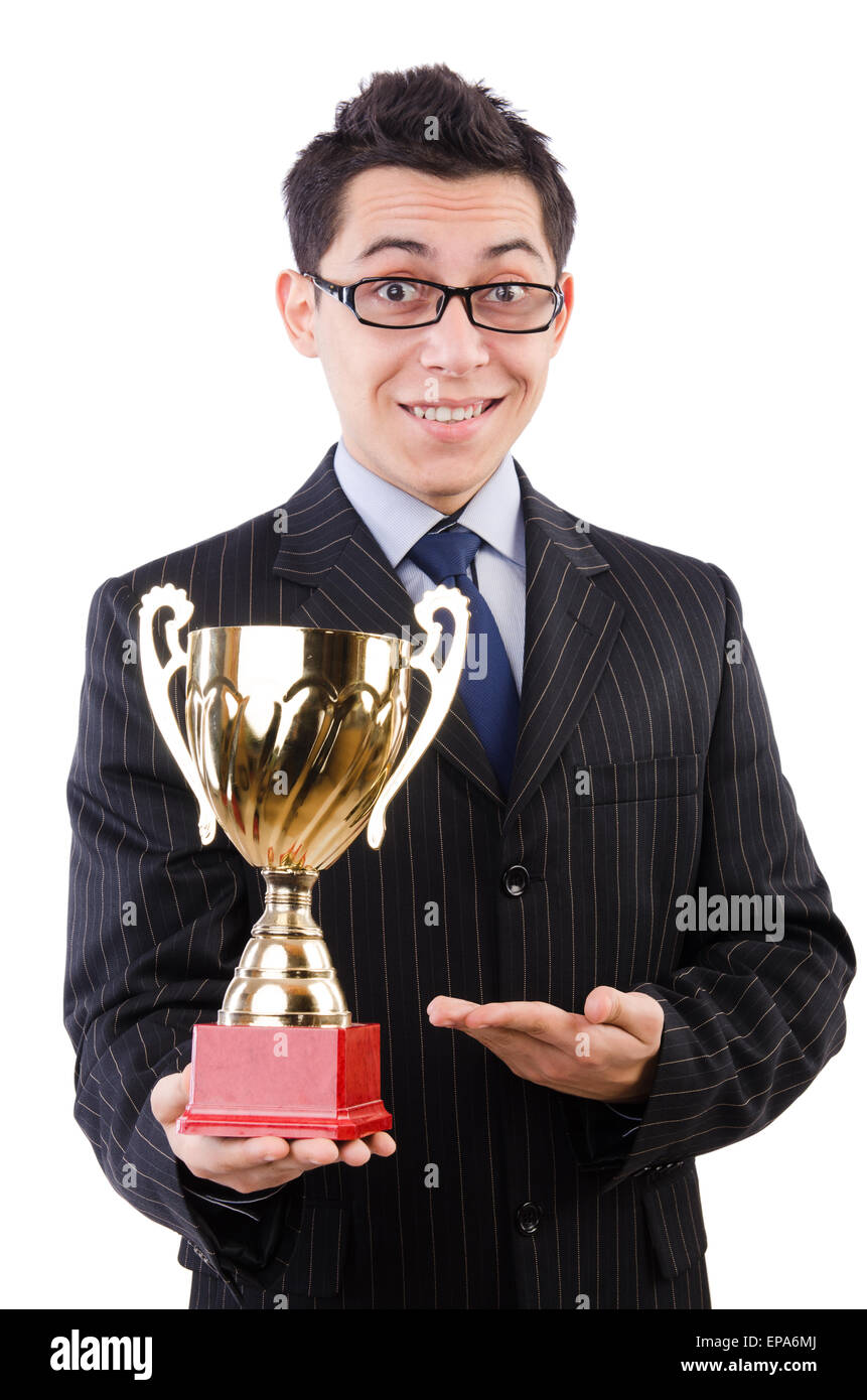 Funny guy receiving award on white Stock Photo - Alamy