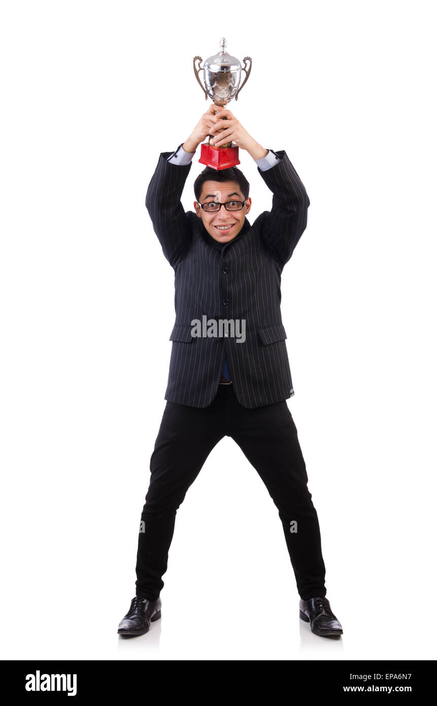 Funny guy receiving award on white Stock Photo - Alamy