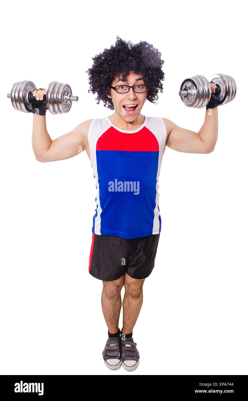 Funny man exercising with dumbbells Stock Photo - Alamy