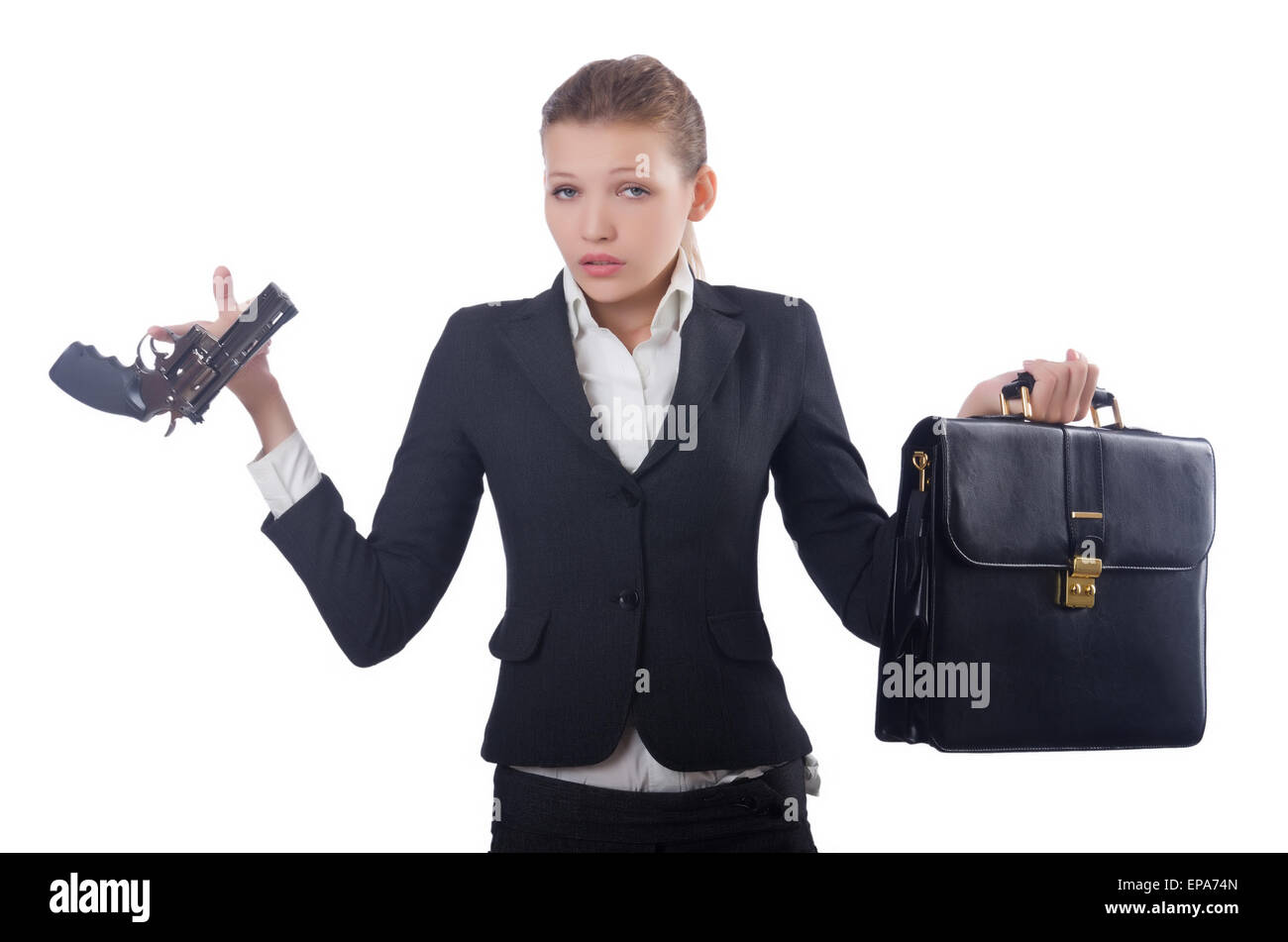 Woman businesswoman with gun on white Stock Photo - Alamy