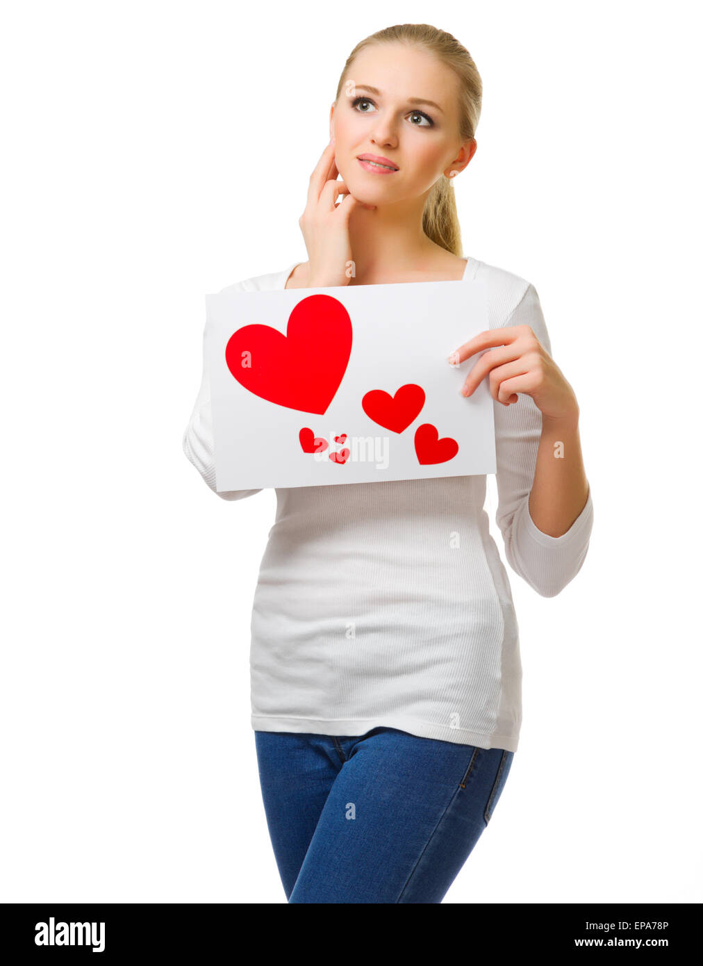 Young girl with love theme placard isolated Stock Photo - Alamy