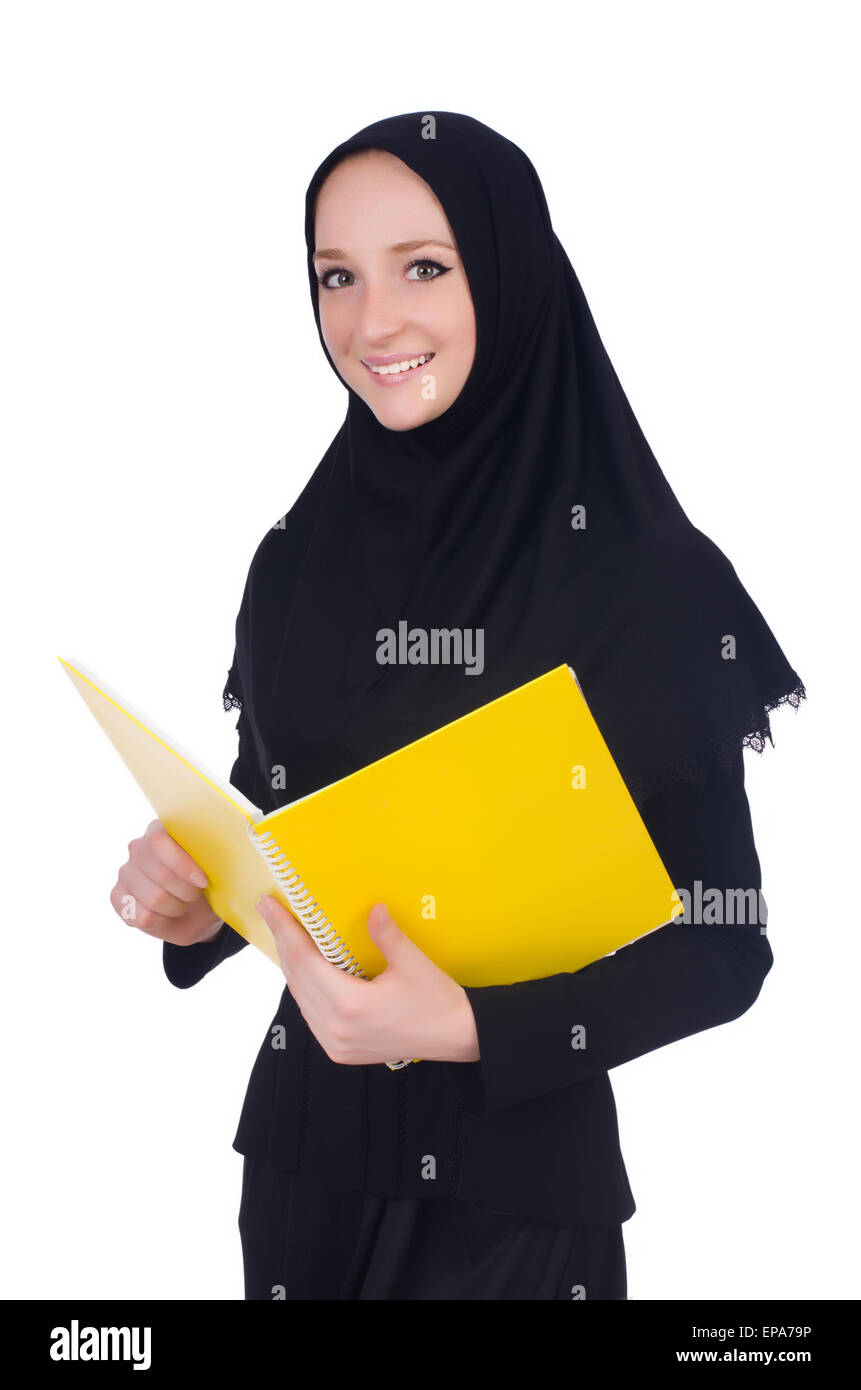Young muslim student with books on white Stock Photo - Alamy