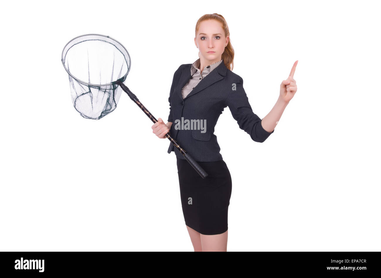Young woman with catching net on white Stock Photo - Alamy