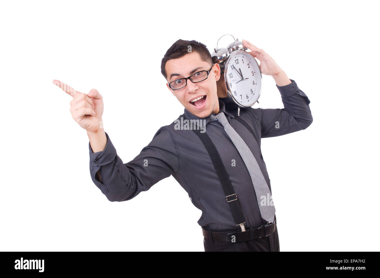 Funny businessman with clock isolated on white Stock Photo - Alamy