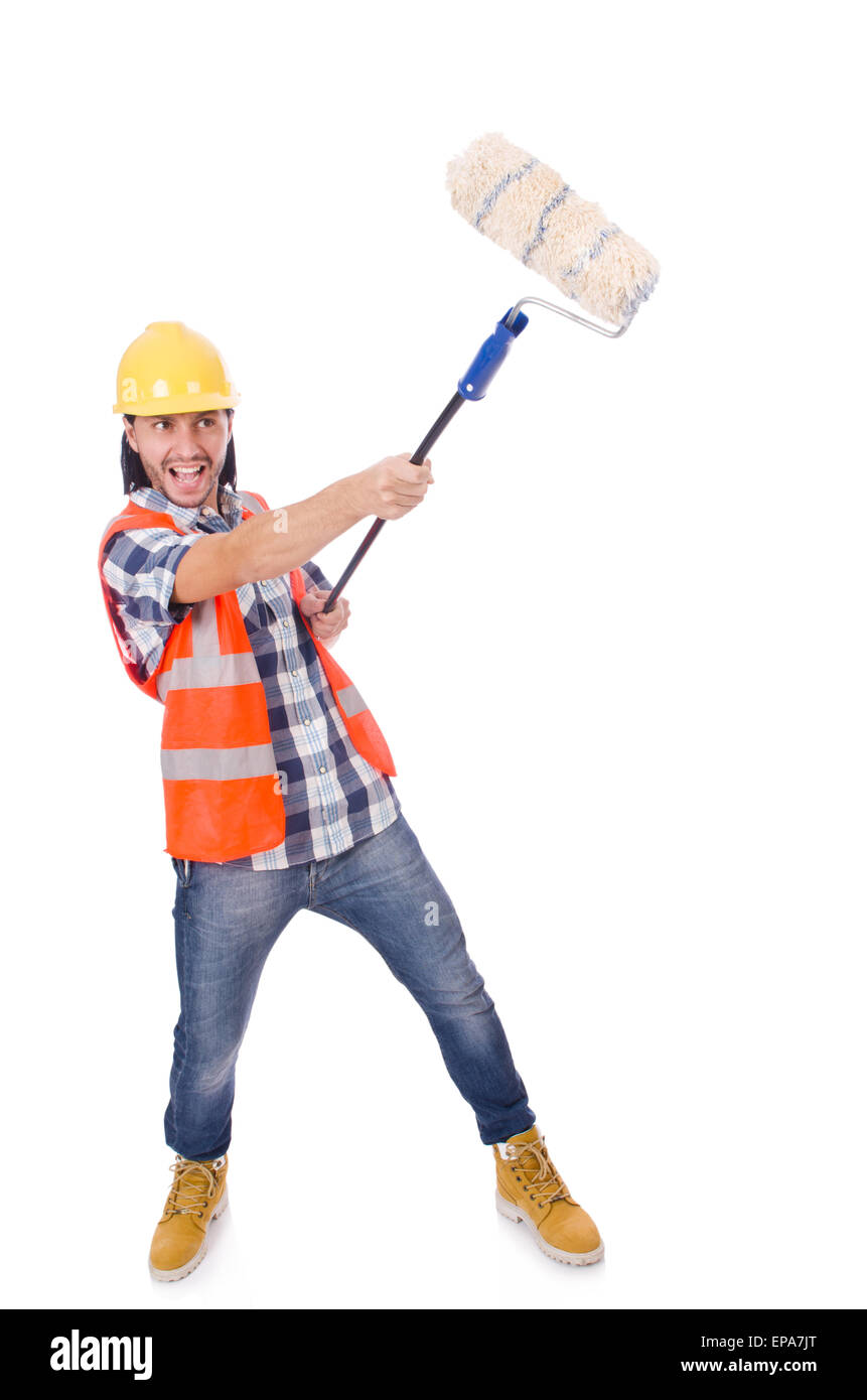 Painter with roller isolated on the white Stock Photo - Alamy