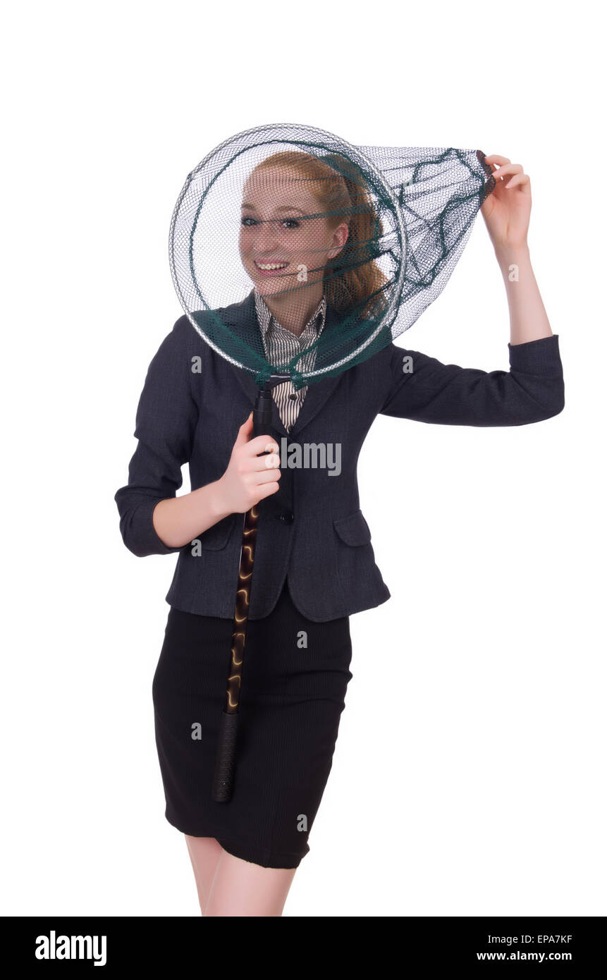 Young woman with catching net on white Stock Photo - Alamy