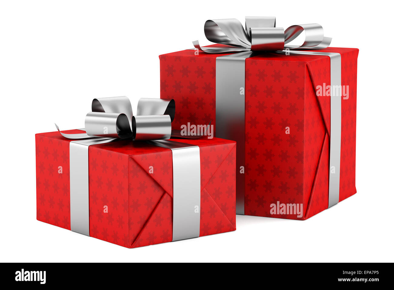 two red gift boxes with silver ribbons isolated Stock Photo - Alamy