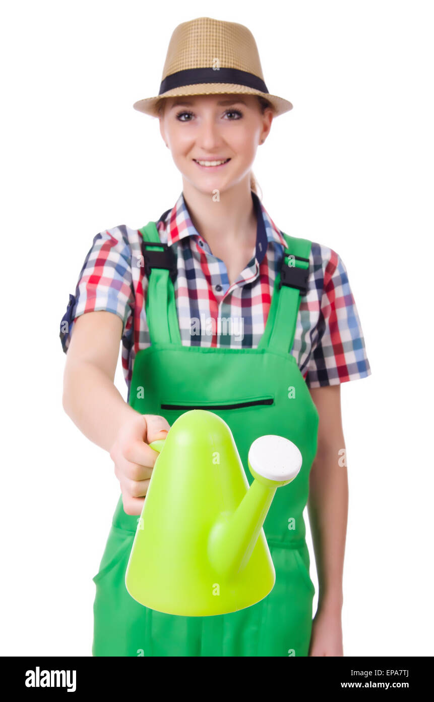 Young woman with watering can on white Stock Photo - Alamy