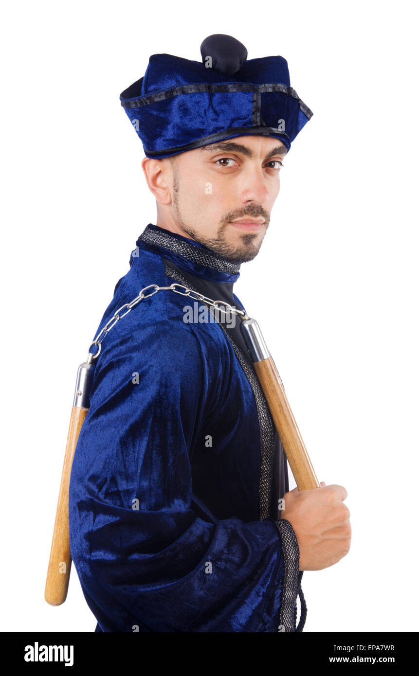 Martial arts master with nunchucks on white Stock Photo - Alamy
