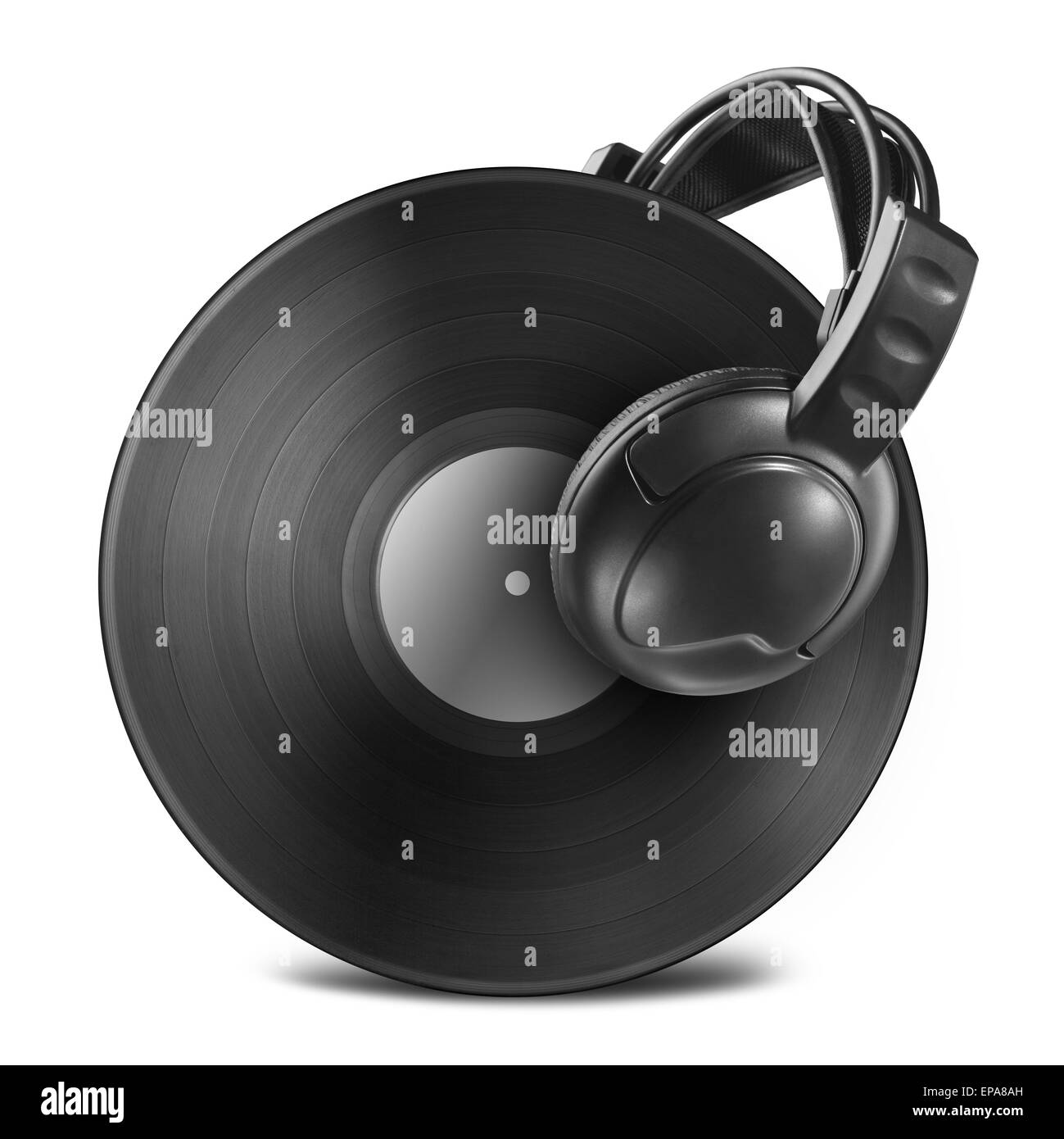 Black vinyl record disc with headphones isolated on white Stock Photo ...