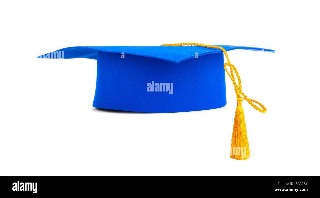 Blue graduation cap with gold tassel isolated on a white background ...