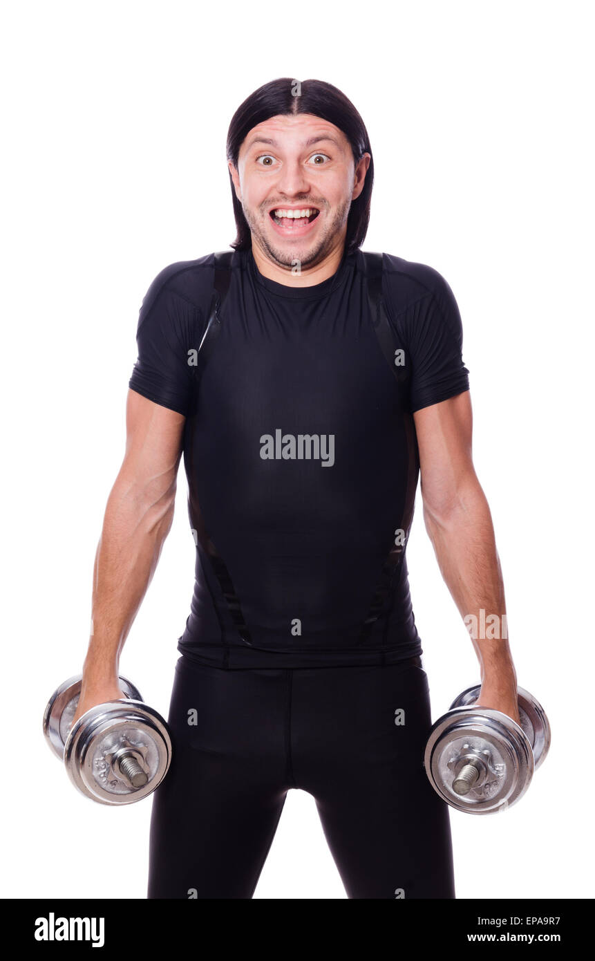Man training with dumbbells on white Stock Photo - Alamy