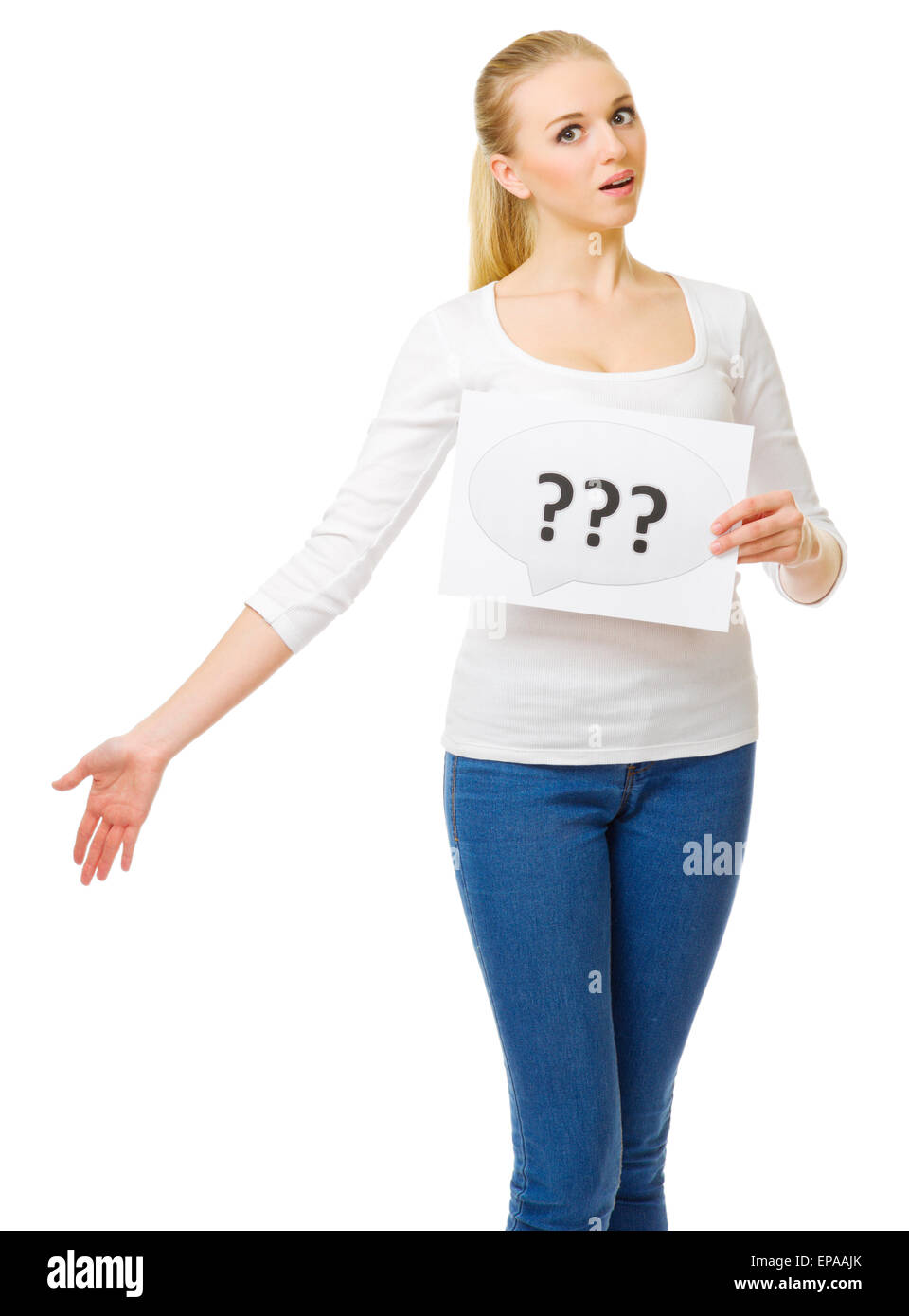 Young girl in blue jeans with question placard isolated Stock Photo - Alamy