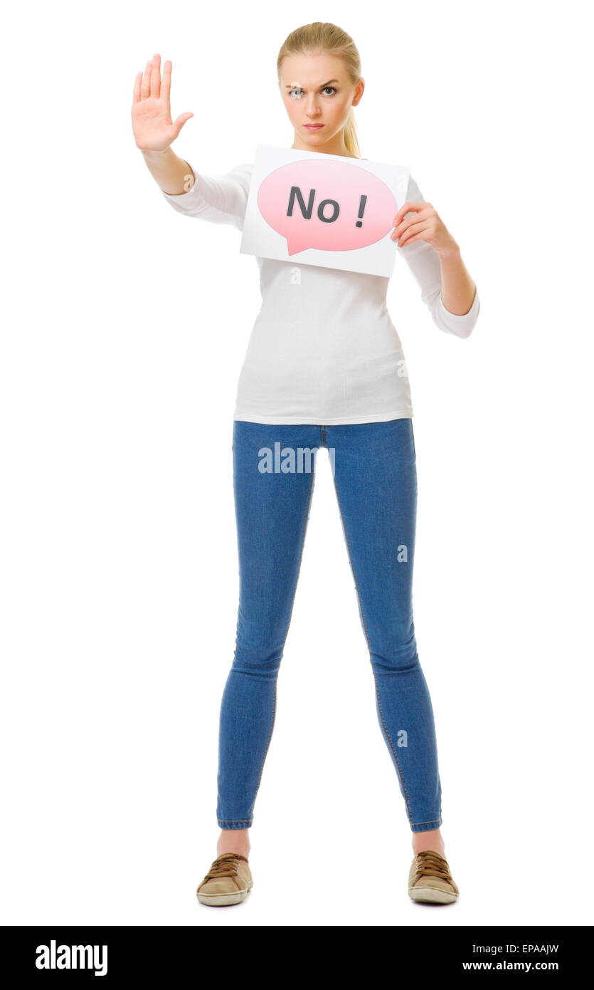 Young girl in blue jeans with No placard isolated Stock Photo - Alamy