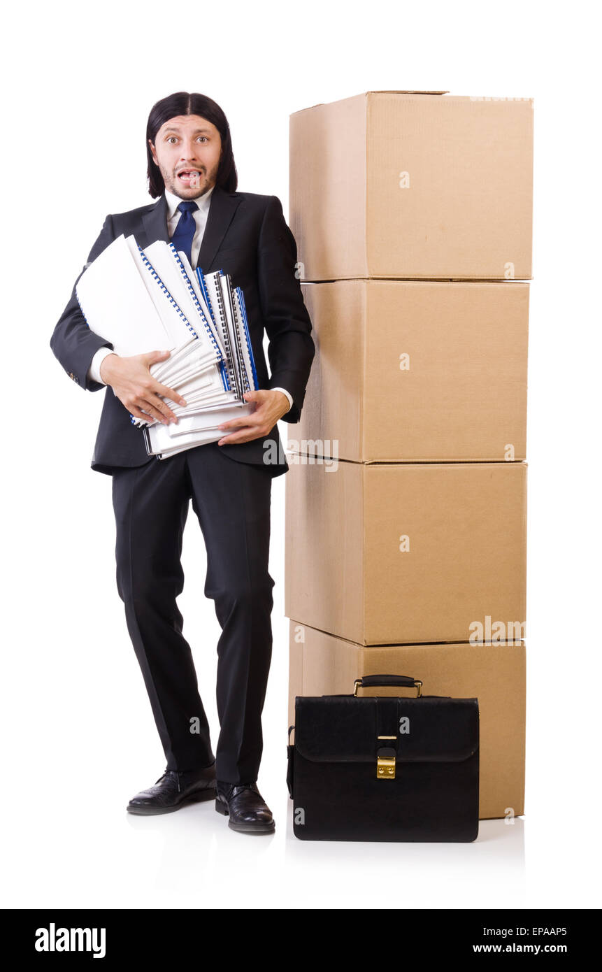 Man with boxes full of work Stock Photo - Alamy