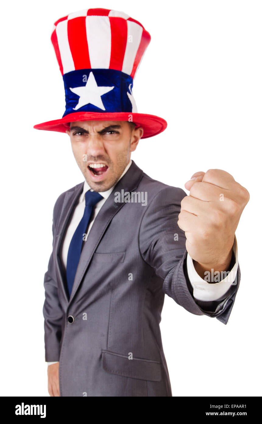Angry man with american hat isolated on white Stock Photo - Alamy