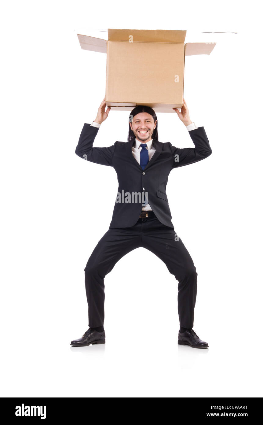 Funny man with boxes on white Stock Photo - Alamy