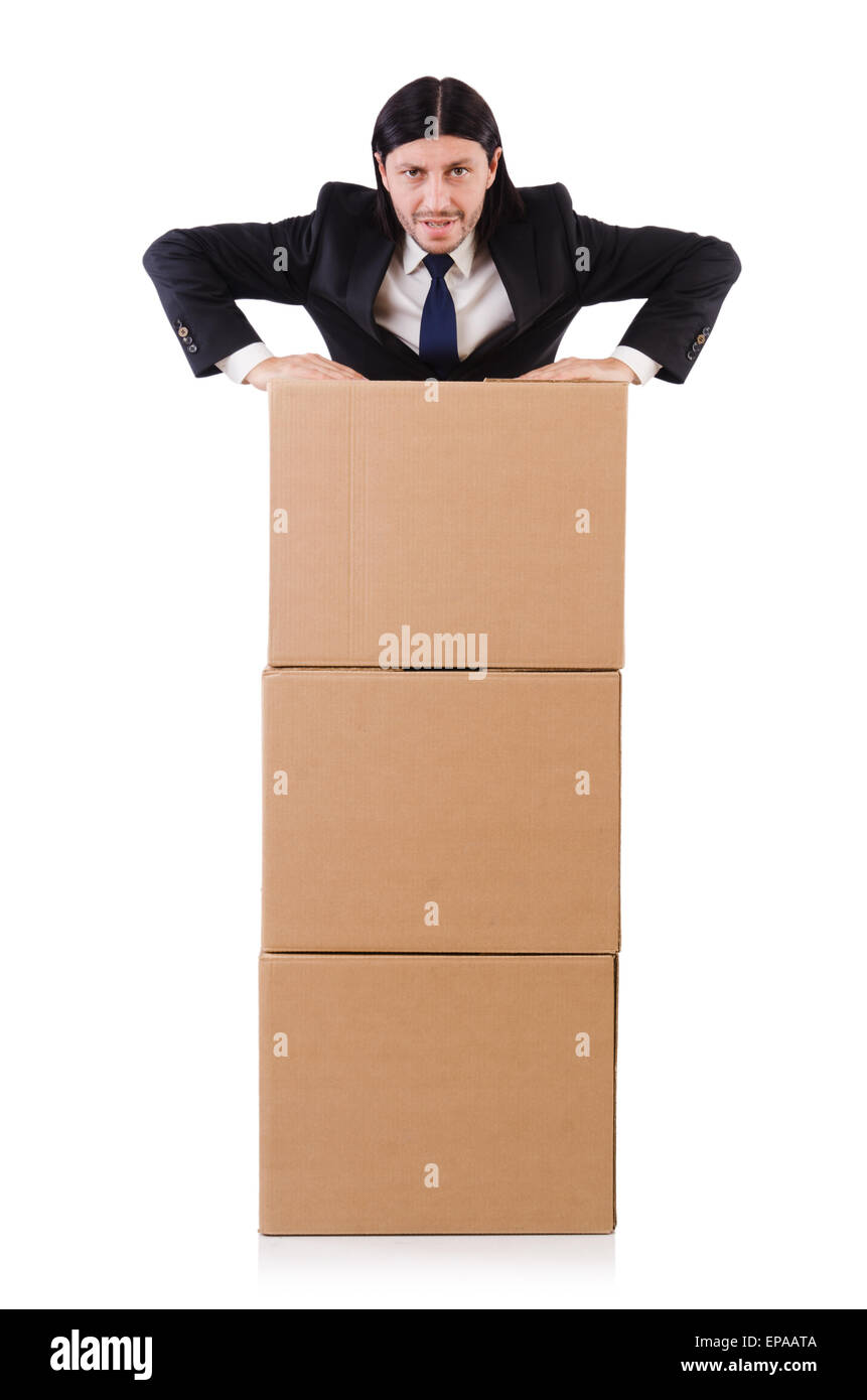 Funny man with boxes on white Stock Photo - Alamy