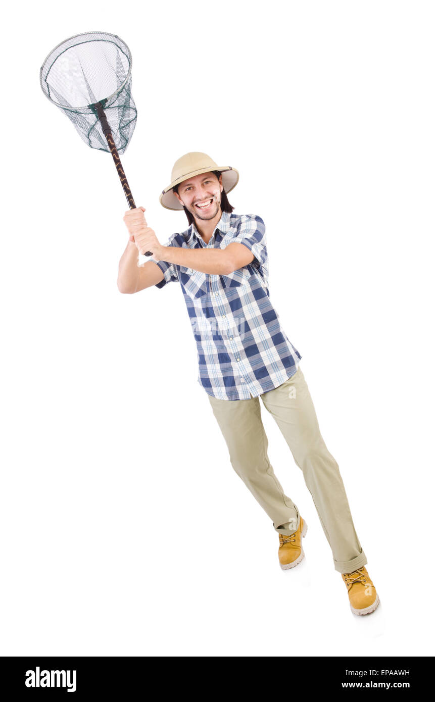 Funny guy with catching net on white Stock Photo - Alamy