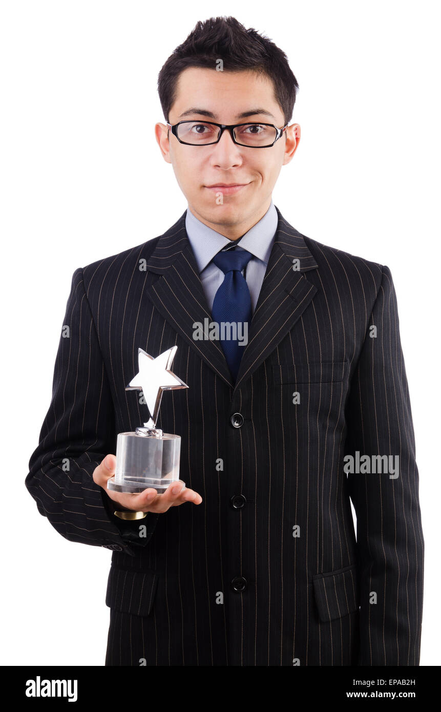Funny guy receiving award on white Stock Photo - Alamy