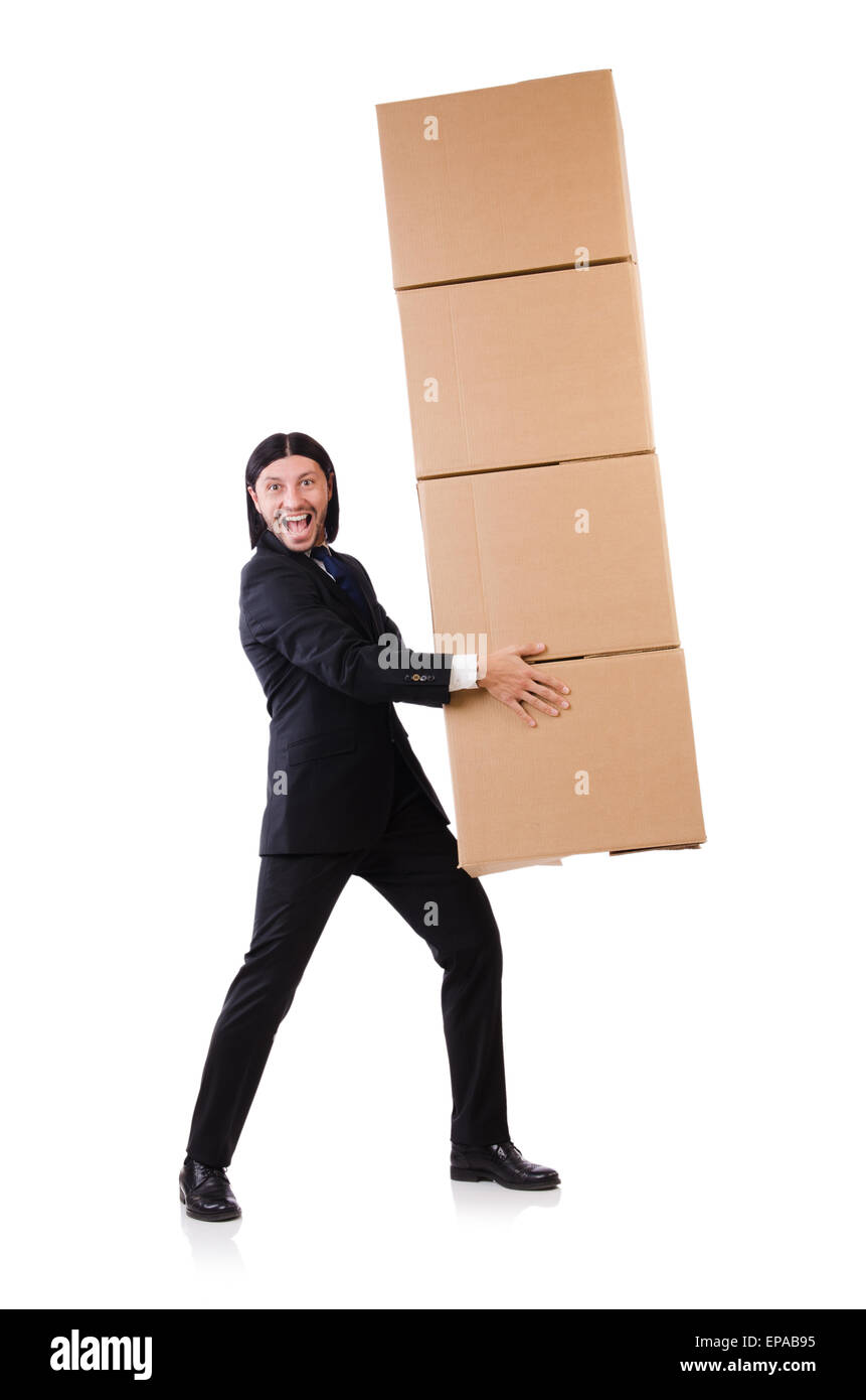 Funny man with boxes on white Stock Photo - Alamy