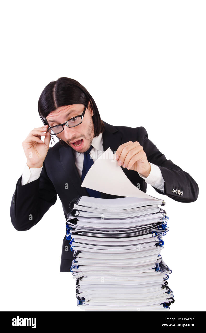 Funny man with lots of papers on white Stock Photo - Alamy