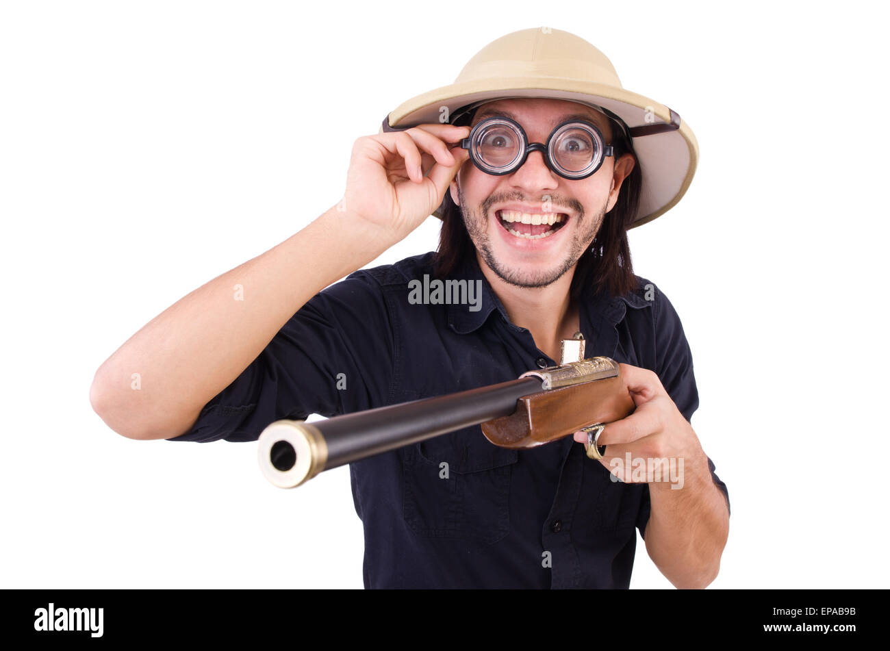 Funny hunter wearing safari hat Stock Photo - Alamy