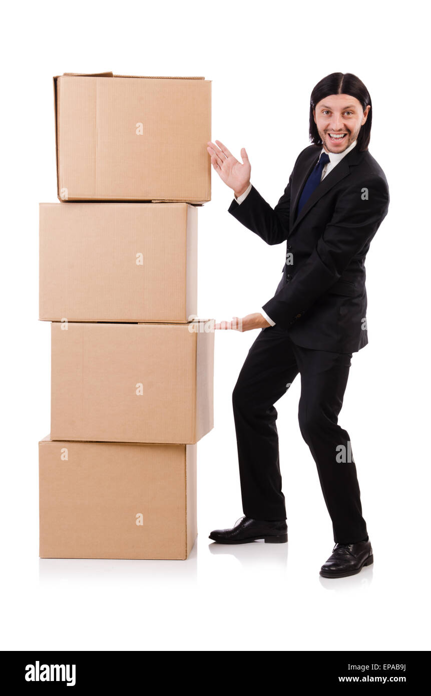 Funny man with boxes on white Stock Photo - Alamy