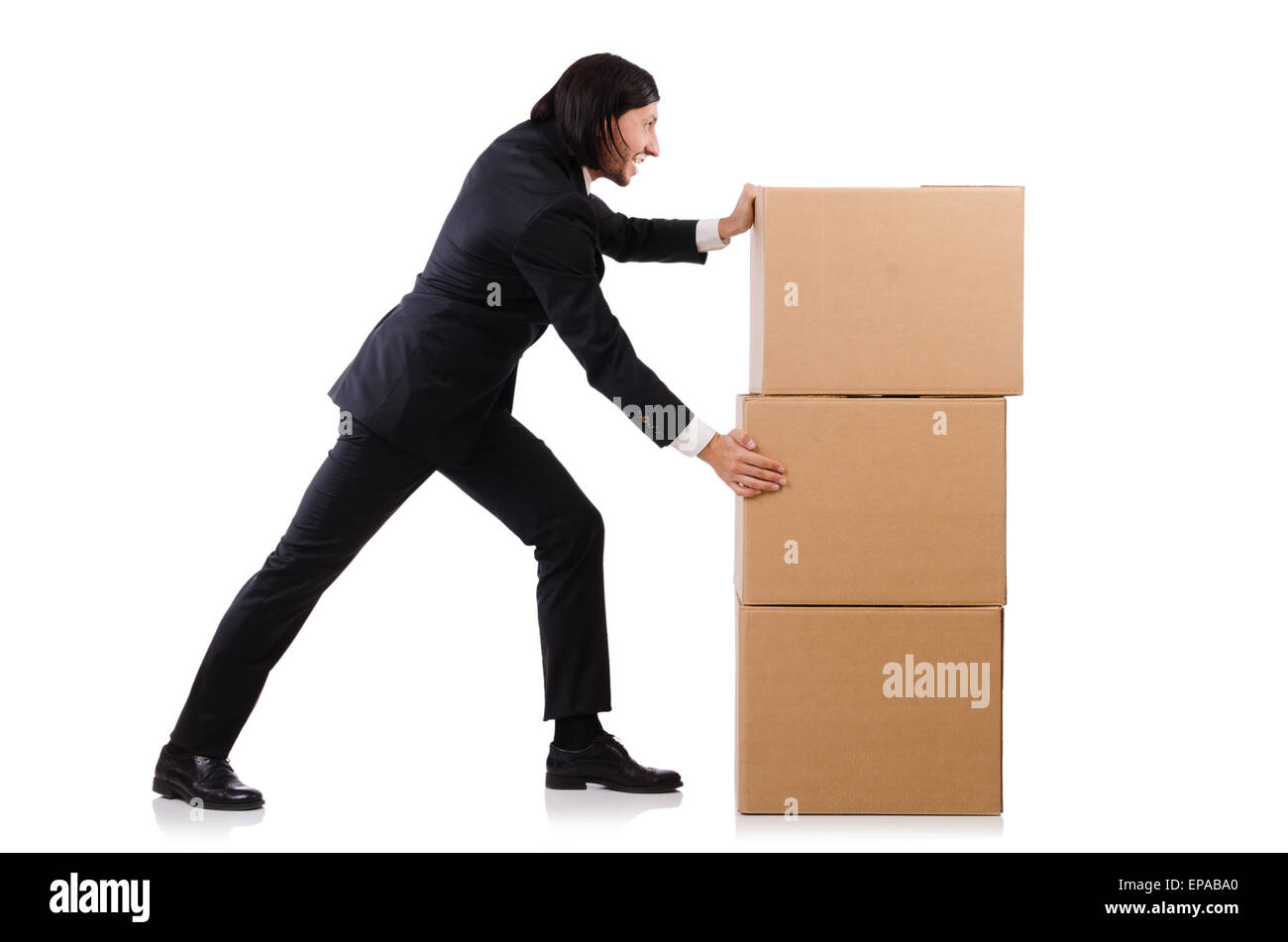 Funny man with boxes on white Stock Photo - Alamy