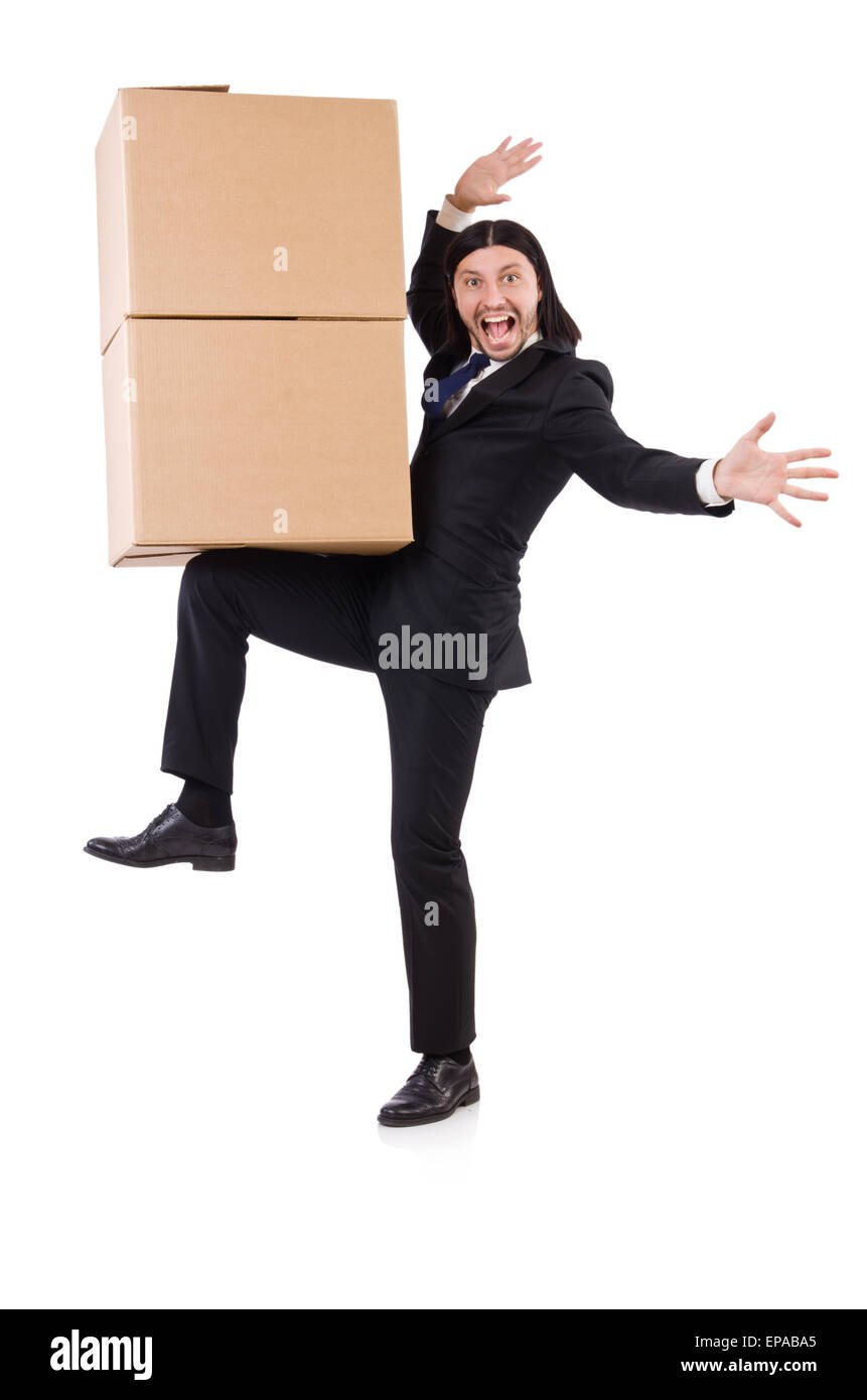 Funny man with boxes on white Stock Photo - Alamy