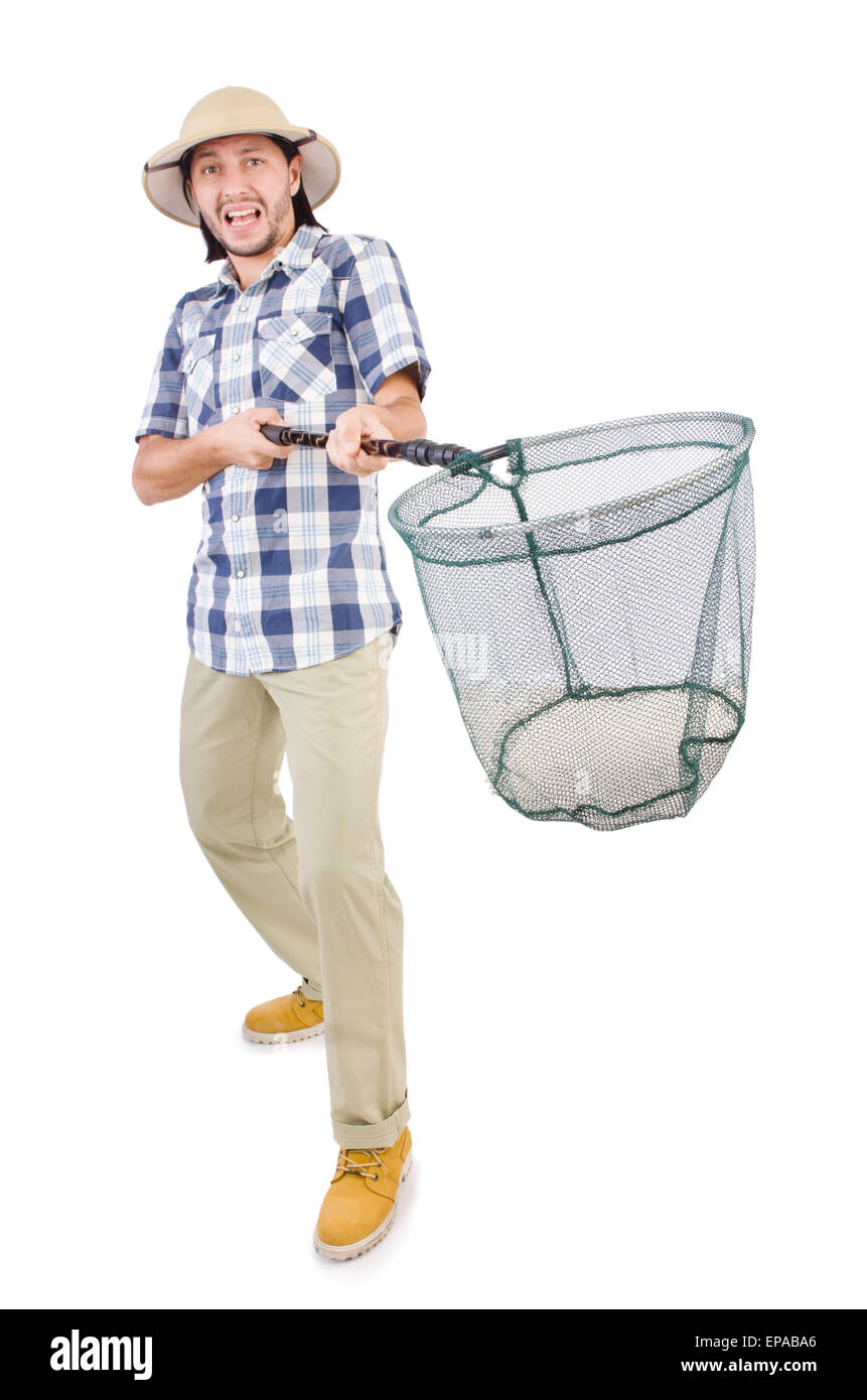 Funny guy with catching net on white Stock Photo - Alamy