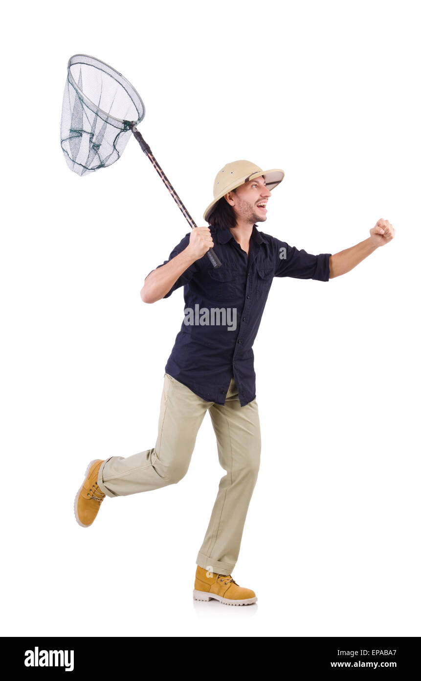 Funny guy with catching net on white Stock Photo - Alamy