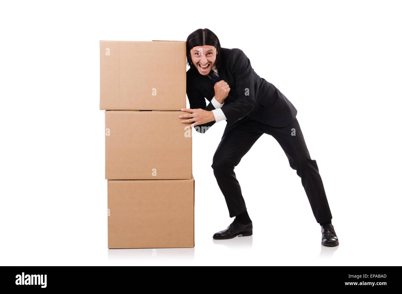 Funny man with boxes on white Stock Photo - Alamy
